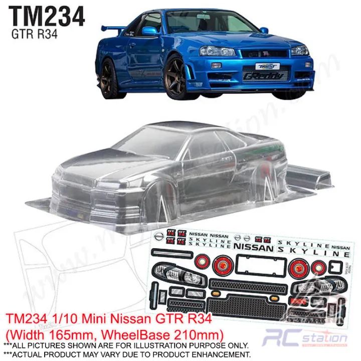 Team C M-Chassis Clear Body Shell TM234 1/10 Mini Nissan GTR R34 (Width ...