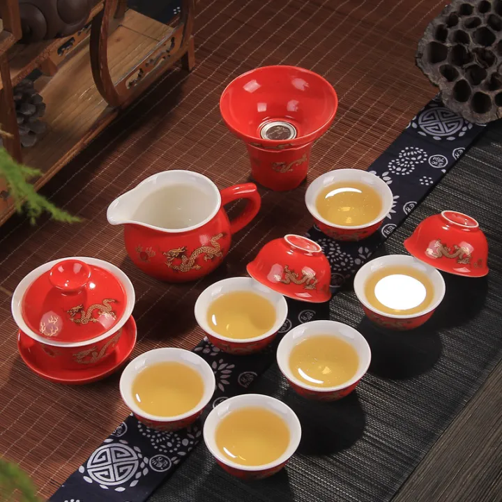 Huang Jinlong red glaze tea set gift set 12-piece red wedding gift ...
