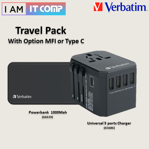 ( Travel Pack ) Verbatim 5 Ports Travel Charger Universal Plugs + 1000mAH 3 Ports Type C ...