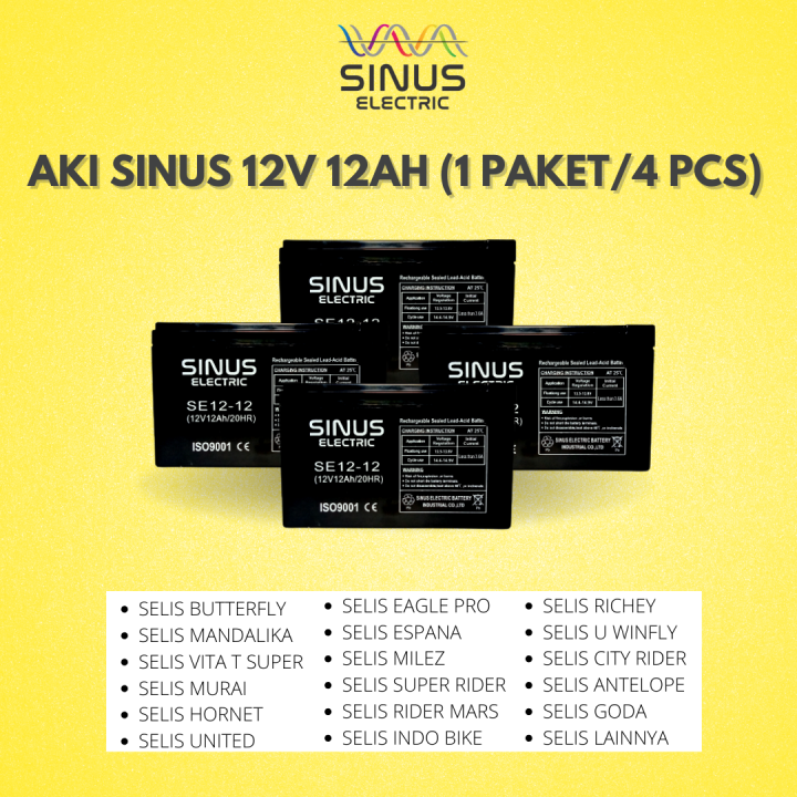 Aki Sepeda Listrik SELIS 1 paket 12V 12Ah Aki VRLA SINUS electric | Lazada Indonesia