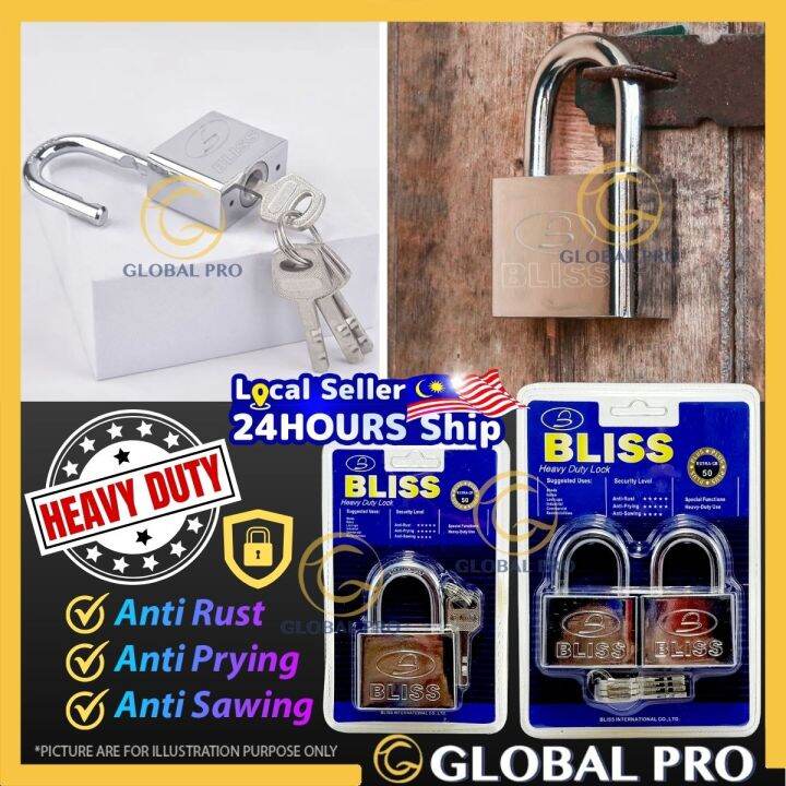 HEAVY DUTY BLISS PADLOCK Chrome Plated Solid Brass Key Manga Pintu ...