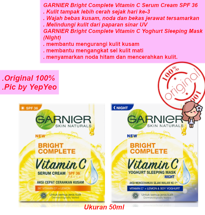 GARNIER Bright Complete Vitamin C Serum Cream SPF 36/Yoghurt Sleeping ...