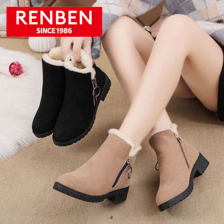 RENBEN ใหม่แฟชั่นเกาหลีสั้นกำมะหยี่อบอุ่นด้านข้างซิปนักเรียนรองเท้าบูตลุยหิมะสำหรับผู้หญิงบุขน ...