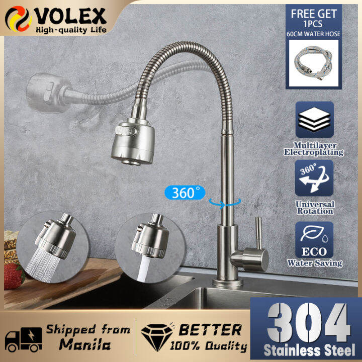 VOLEX SUS304 Stainless Steel Flexible Vertical Kitchen Faucet 360 ...