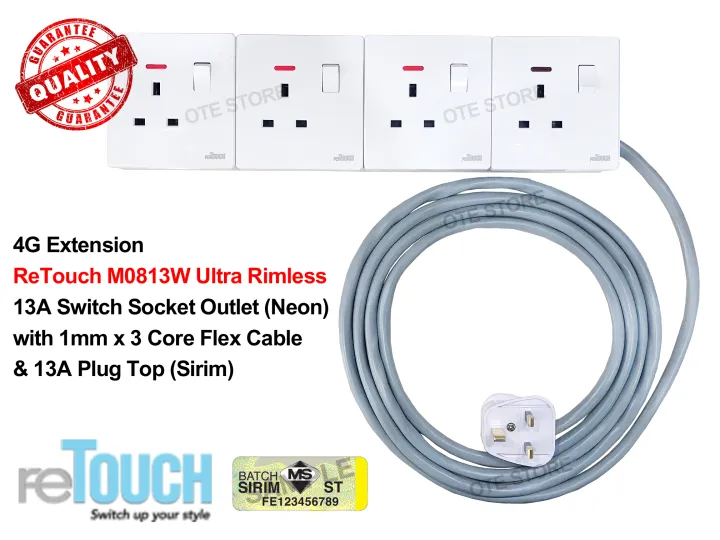 4G Extension ReTouch M0813W Ultra Rimless 13A Switches Socket Neon with ...