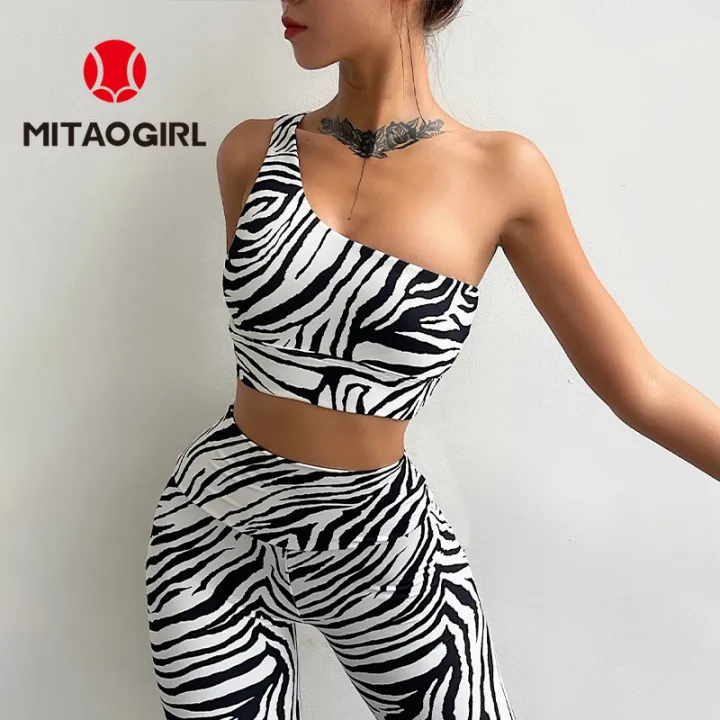 Mitaogirl หนึ่งไหล่เอียงไหล่ม้าลายพิมพ์ชุดชั้นในกีฬาสำหรับผู้หญิงเซ็กซี่รวบรวมกลางแจ้งวิ่ง