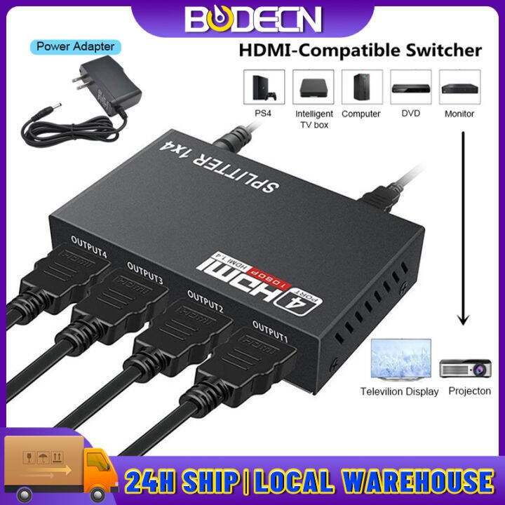 4K HD HDMI Splitter 1 in 4 Out Box Hub with Power Supply HDMI Switcher ...