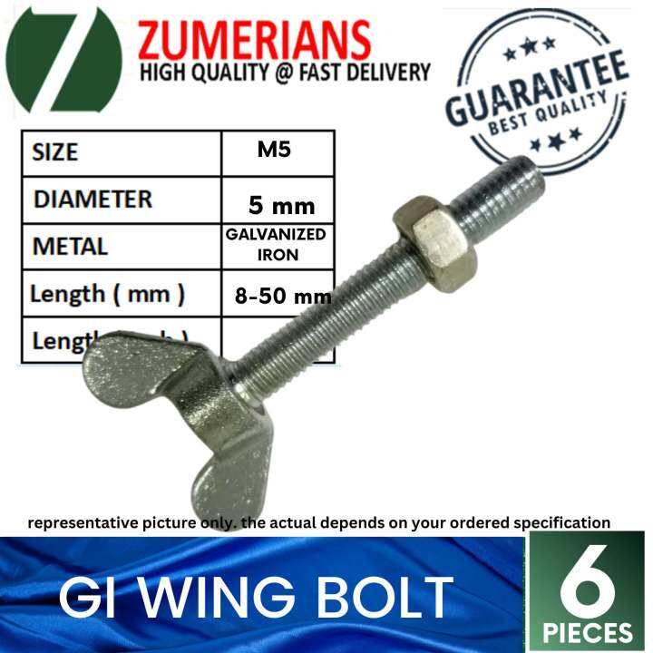 GI Wing Bolt M5, 5 mm diameter x 8 to 50 mm length, with Hex Nut Galvanized Iron by Zumerians ...