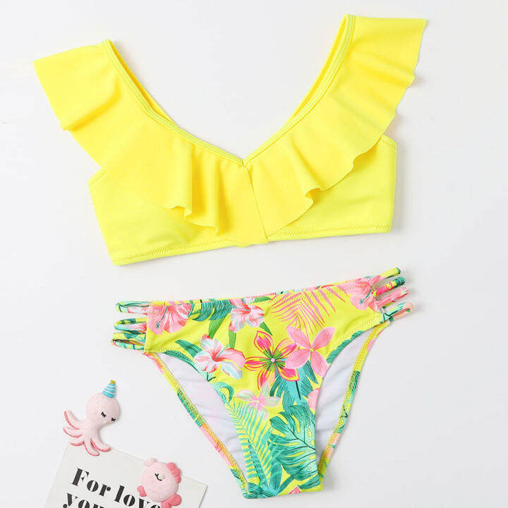 Tropical Floral Girl Swimsuit Kids Ruffle Girl Bikini Set 7-14Years Two ...