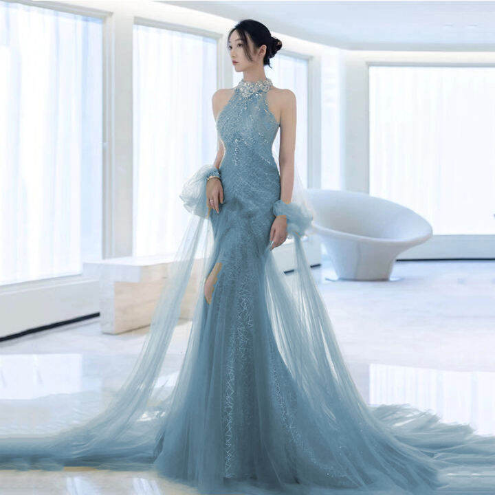 Haze Blue Host Formal Dress Heavy Industry Beads Mermaid Dress Toast ...