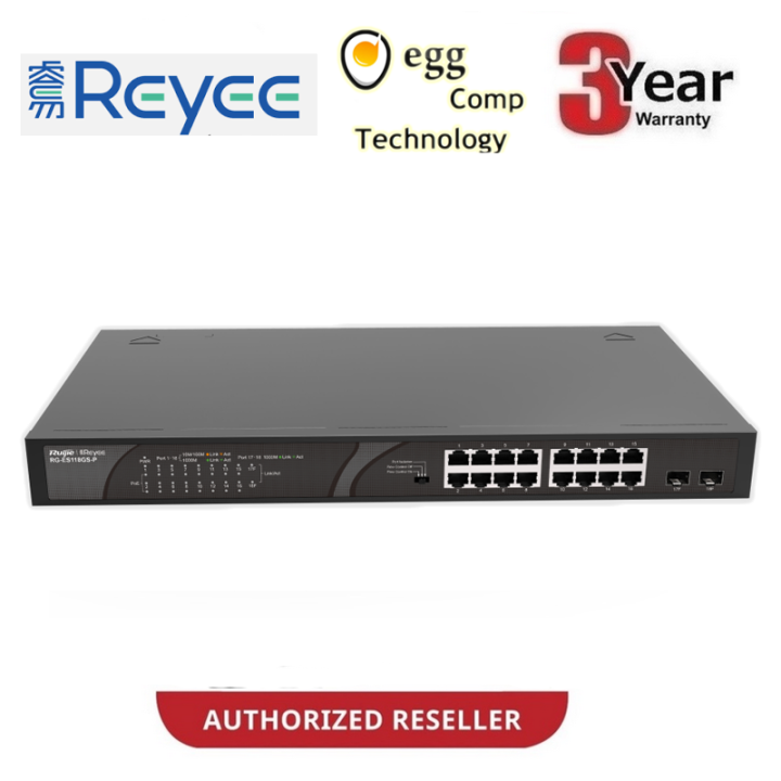 REYEE 16-PORT GIGABIT POE/POE+ WITH 2 SFP COMBO - 247 WATT UNMANAGED ...