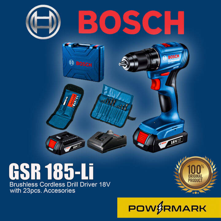 BOSCH GSR 185-Li Brushless Cordless Drill Driver 18V with 23pcs ...