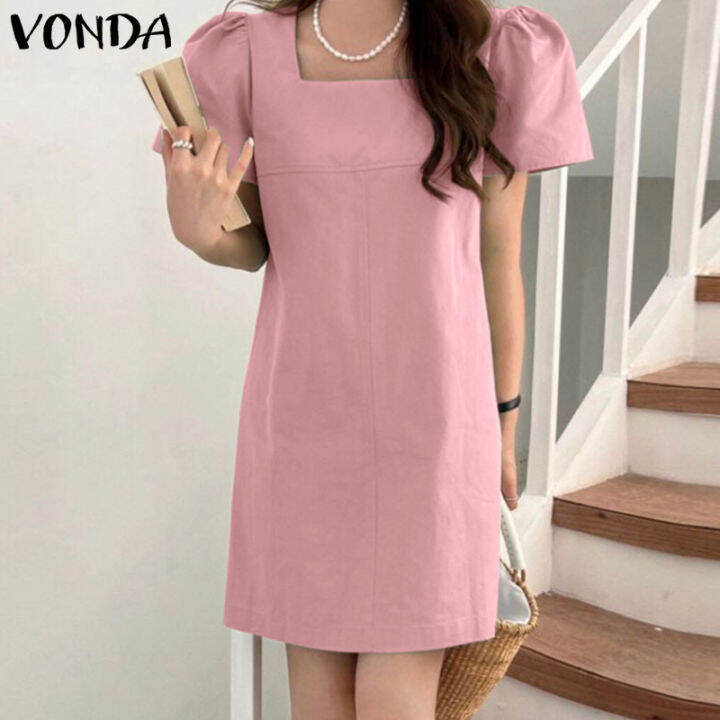 VONDA ชุดเดรสทรงแข็งแขนพัฟเดินทางทรงเอไลน์สำหรับผู้หญิง (ลายดอกไม้ ...