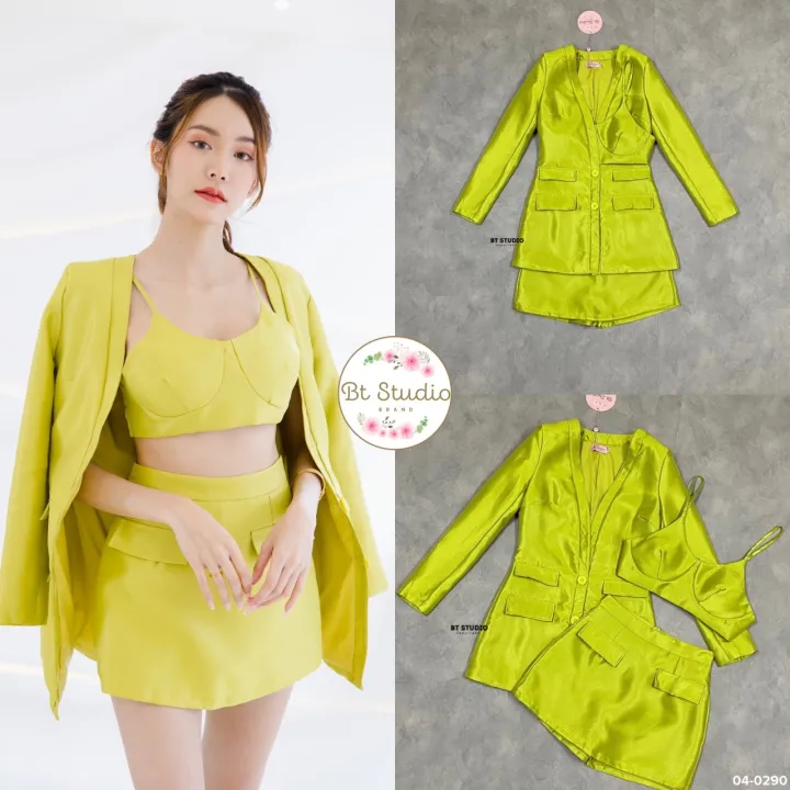 งานป้าย BT-Studio Set 3ชิ้นเสื้อเบเซอร์แขนยาวแต่งกระดุมและกระเป๋าหน้ามาคู่เสื้อครอปสั้นสายเดี่ยว ...