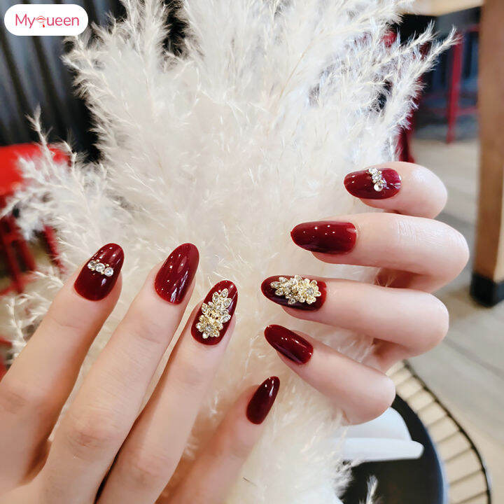 MyQueen 24Pcs Red Rhinestone Fake Nails Many Sizes Can Be Trimmed And ...