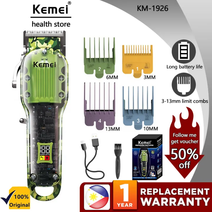 Kemei Transparent Style LED Professional Hair Cutting Machine USB Rechargeable Clipper Cordless ...