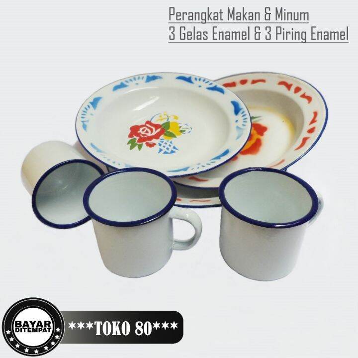 Piring Gelas 3 Pcs Piring Enamel Kembang Dan 3 Pcs Gelas Enamel Polos ...