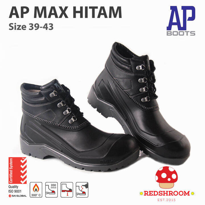 Sepatu Boot Safety AP MAX AP Boots Hitam Toe Cap Besi Anti Air & Slip ...