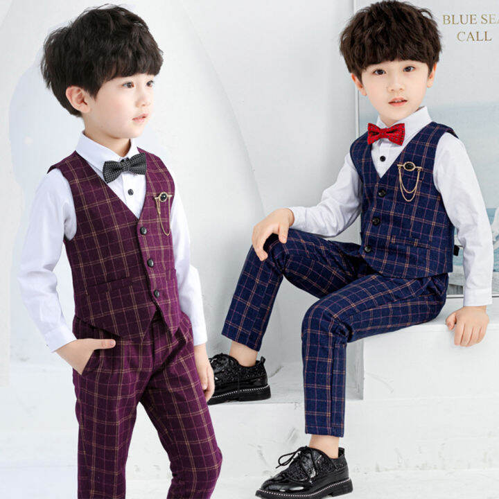 lontakids 5Pcs Kids Boys Clothing Set (Plaid Vest+Pants+Long Sleeve ...