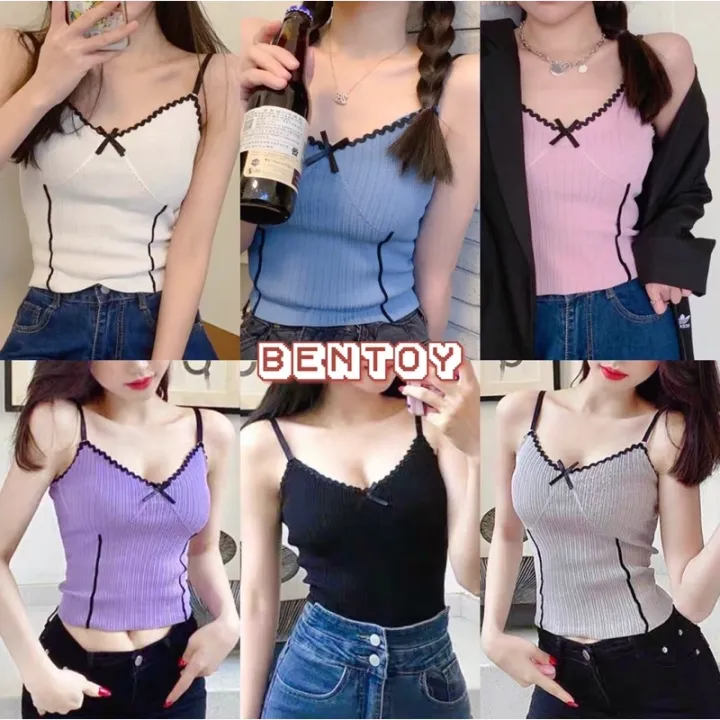 Bentoy(7212)เสื้อสายเดี่ยวไหมพรม หน้าวีแต่งโบรว์เล็กๆน่ารัก เสื้อรัดรูป | Lazada.co.th