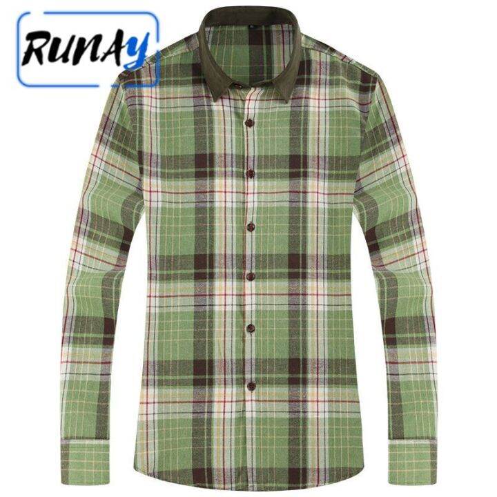 RUNAY เทรนด์สไตล์สดใสเสื้อเชิ้ตลายสก๊อตของผู้ชายเสื้อแบบหลวมเสื้อเชิ้ต ...