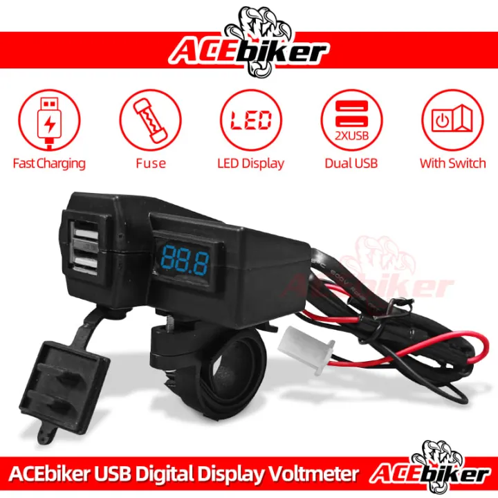 ACEbiker Universal USB Digital Display Voltmeter With USB Charger ...