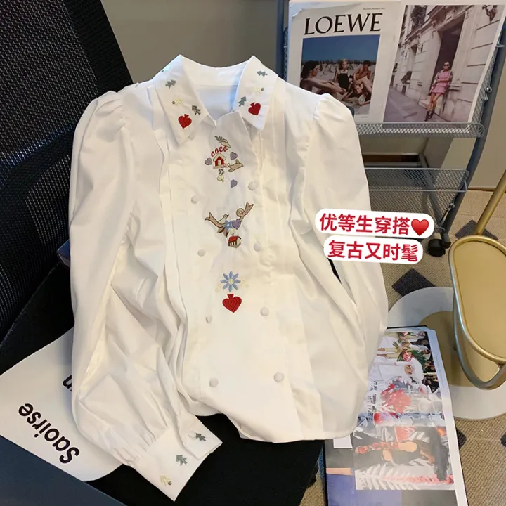 COCONI เสื้อปักลายสำหรับผู้หญิง,เสื้อเชิ้ตแขนยาวสไตล์เกาหลีทรงหลวมสวม ...