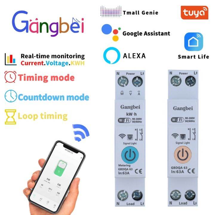 TUYA WIFI Smart Circuit Breaker With Metering 63A Wireless Remote Control Switch by APP Voltage ...
