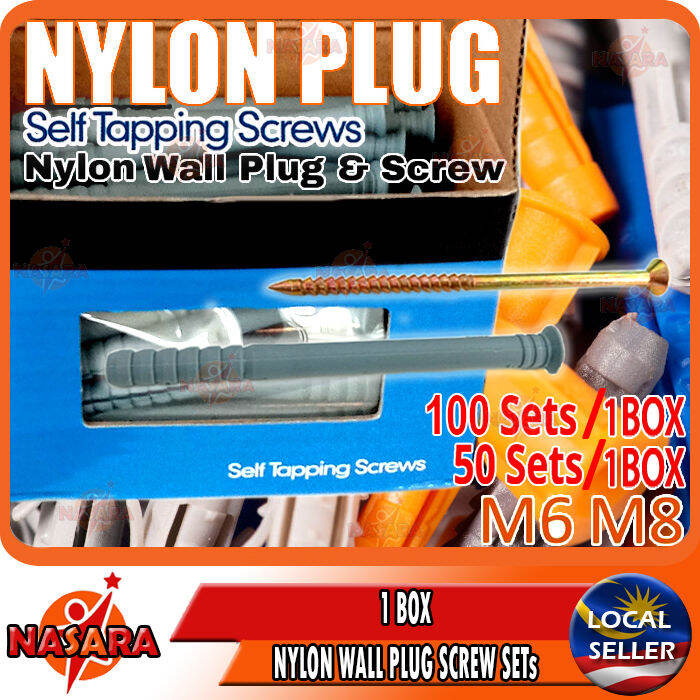 NASARA ~ 1 BOX M6 M8 NYLON WALL PLUG ANCHOR SET with SCREW NAIL / Paku ...