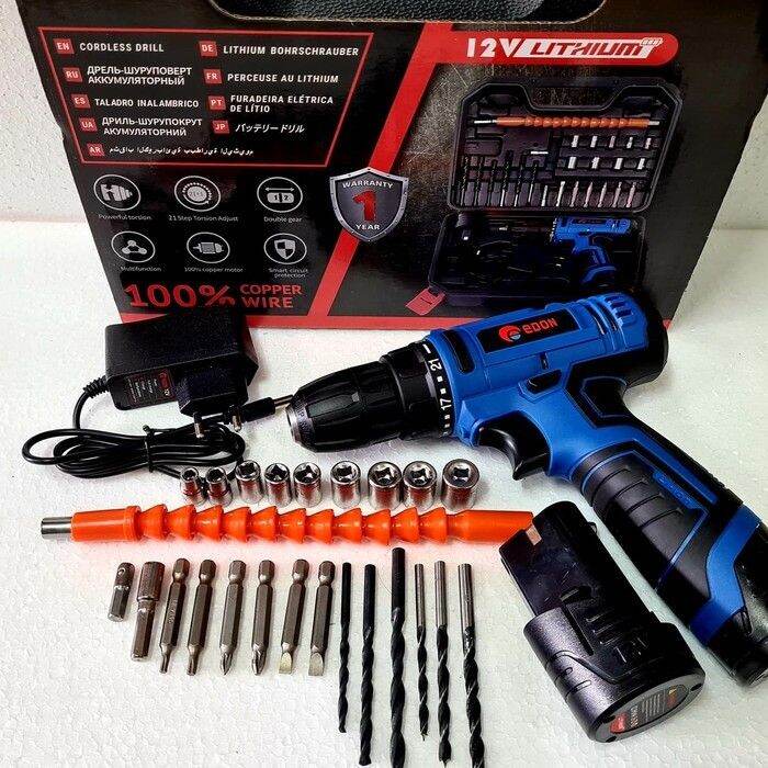 Mesin Bor Cordless Charger EDON 12V Lithium LV3-1210 Koper 2 Baterai ...