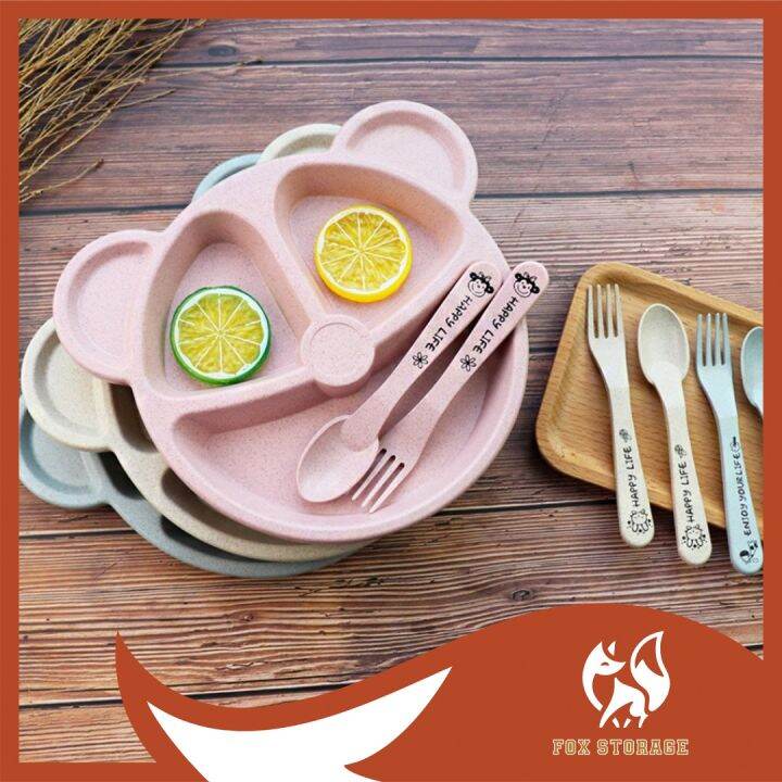Wheat Straw Kids Plate Set Children Dining Plate Set With Fork and ...