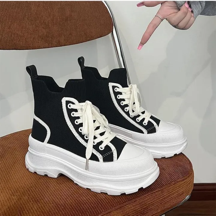 Pioneer Land Mall High-top Sponge Cake รองเท้าผ้าใบแบบหนาสำหรับผู้หญิง ...