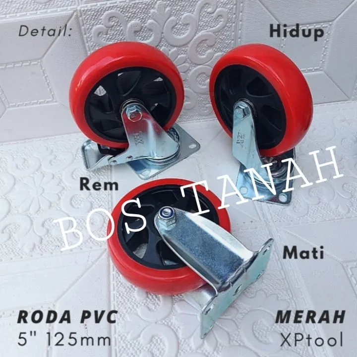 Roda PVC 5 inch 125 mm merah Hidup Mati Rem Roda kastor etalase troli ...