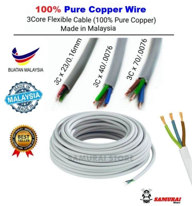 100% Pure Full Copper (40/0076 / 70/0076 X 3 Core Flexible Wire Cable ...