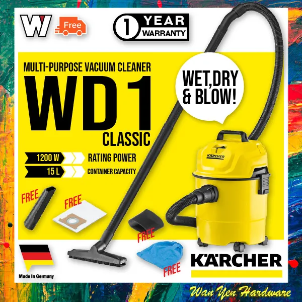 KARCHER WD1 CLASSIC WET & DRY MULTI-PURPOSE VACUUM CLEANER 15L | 180 AIR WATTS | 220-240V ...