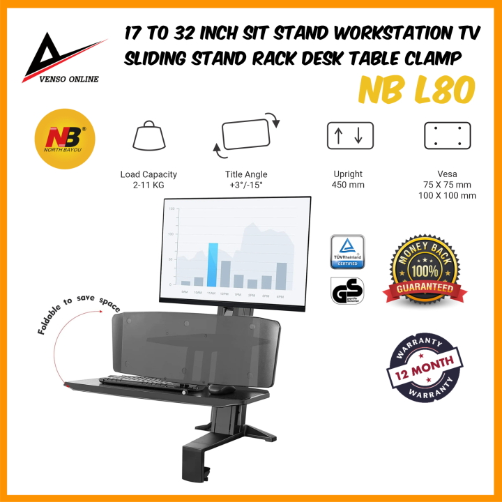 NB NORTH BAYOU L80 17 TO 32 INCH SIT STAND WORKSTATION TV SLIDING STAND RACK DESK TABLE CLAMP ...