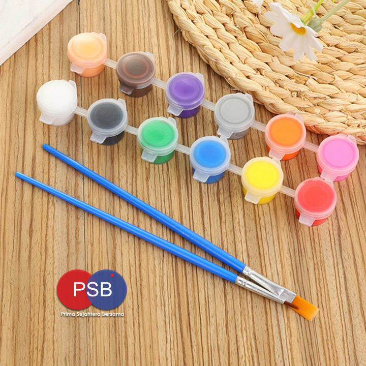 Cat Akrilik set 12 warna 2 kuas / Peralatan melukis set / Paket Melukis ...