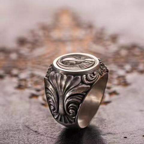 Hand-carved portrait ring S999 silver men's and women's opening ...