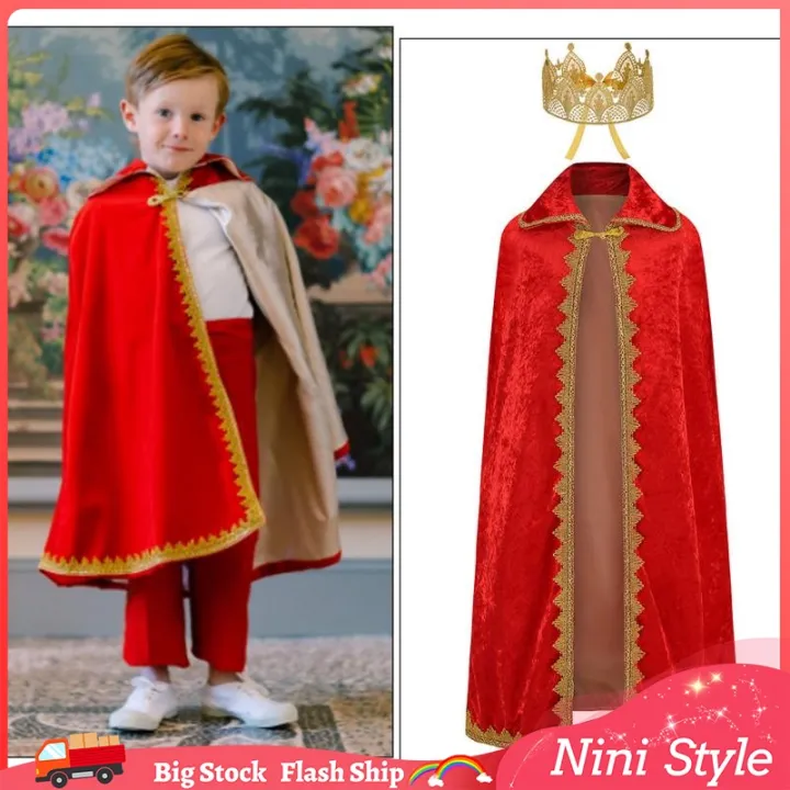 Kids King Emperor Costume Red Velvet Cloak Cape with Crown Scepter ...