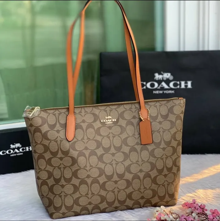 Coach 4455 Zip Top Tote in Khaki Signature Coated Canvas and Sedona ...