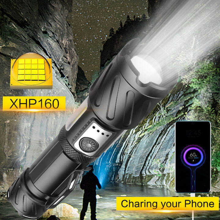 Touchlight Powerful XHP160 LED Flashlight with Side COB Light Super 18650 or 26650 Torch USB ...