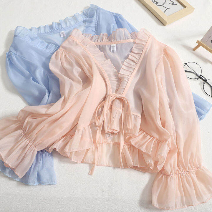 SHA[สิทธิพิเศษแบบจำกัดเวลา] สั้นผ้าคลุมไหล่คาร์ดิแกน 2022 ใหม่บางชีฟอนแสงแดดเสื้อหูหนูผู้หญิง ...