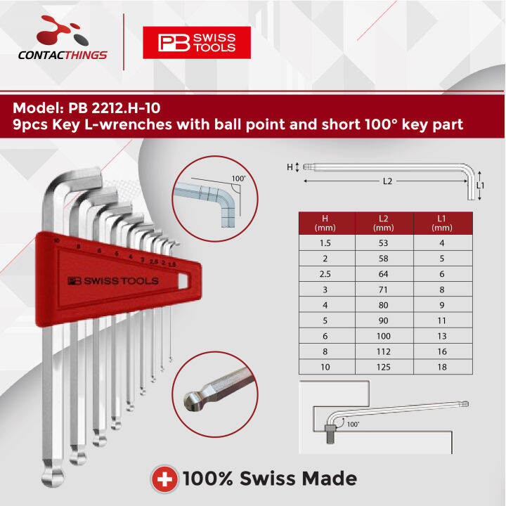 PB SWISS TOOLS 9pcs Hexagon Allen Key L-Wrench Set, Short Arm(Ball Point) (mm) (Chrome), PB 2212 ...
