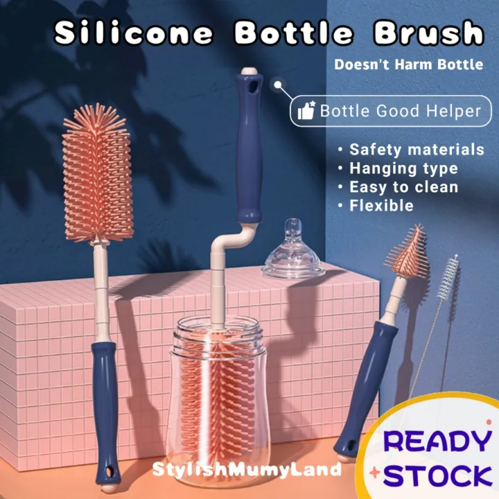 【Stylish】3in 1 Soft Silicone Milk Bottle Brush 360° Rotating Handle BPA ...
