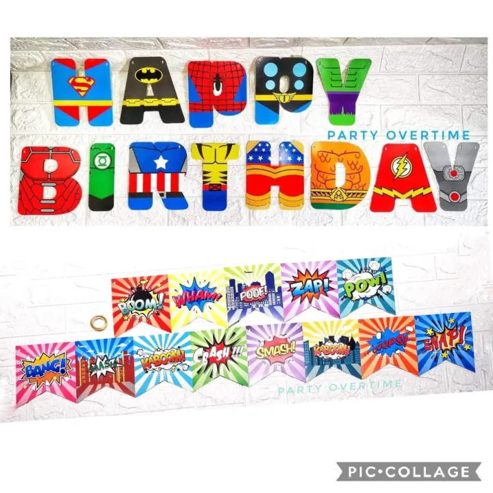 Super Heroes Avengers DC Theme Happy Birthday Banner Boom Wham Pow ...