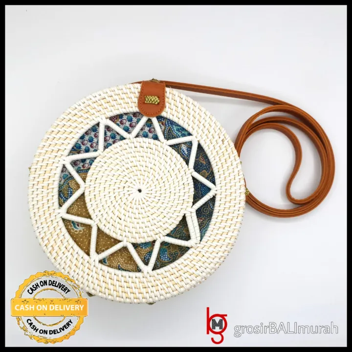 20cm Tas Rotan Bulat Bali BINTANG BOLONG PUTIH By GBM / Tali Gesper ...