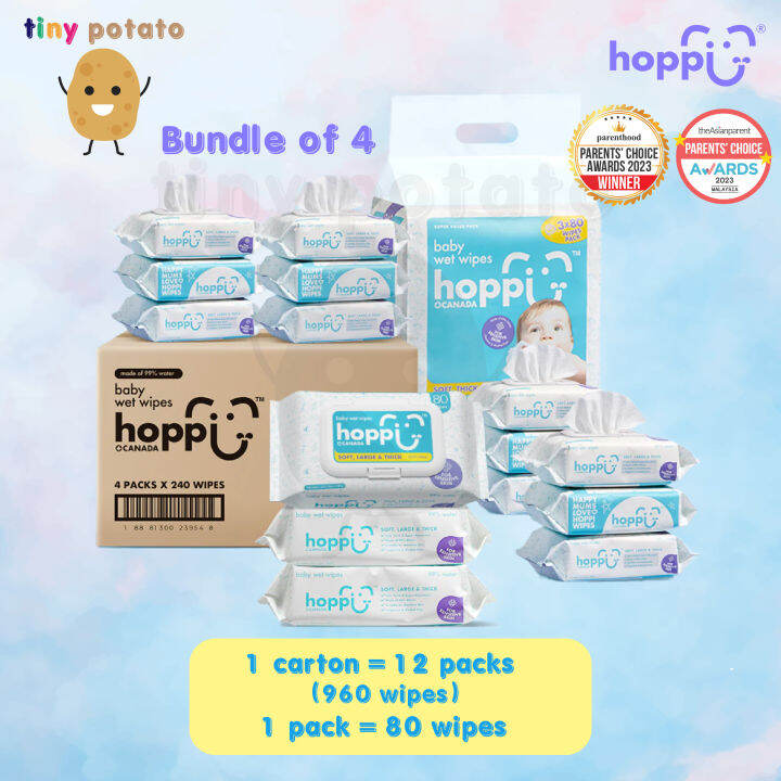 [CARTON] Hoppi Premium 99% Pure EDI Water Baby Wet Wipes (80's x 12 Packs) | Lazada