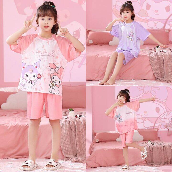 Kawaii Sanrioed Kuromi Pajamas Set Summer Ice Silk Children Sleepwear ...