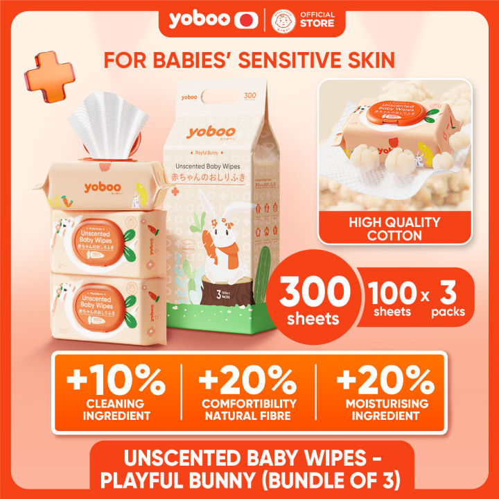 Yoboo Unscented Baby Wipes Family Pack bundle of 300 Sheets | Hygienic ...