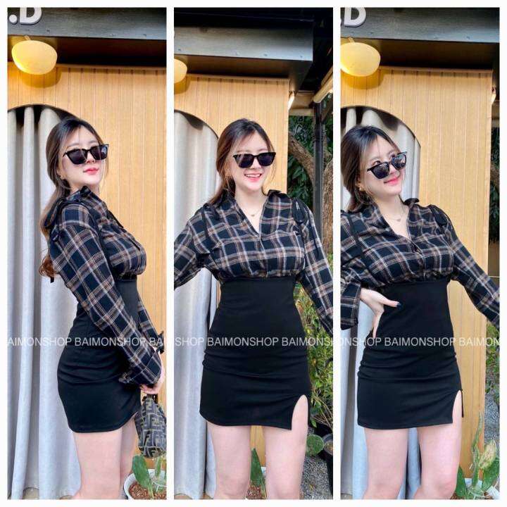 Sirawan ชุดเซต2ชิ้น เสื้อเชิ้ตแขนยาวลายสก็อต & กระโปรงเอี๊ยมสั้นสีดำทรงเอผ่าข้าง ซื้อแยกกันนะคะ ...